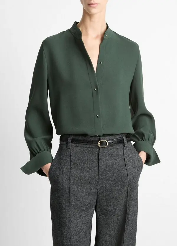 Vince Relaxed Matte Crepe Shirt With Metal Buttons - Forest