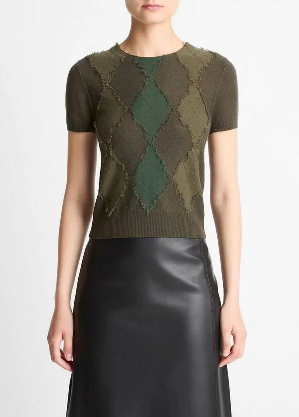 Vince Hand-cut Argyle Wool-blend Short-sleeve Sweater - Herba/forest/verde
