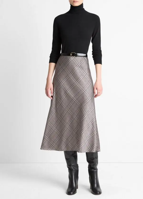 Vince Pressed Plaid Satin Slip Skirt - Multi Plaid