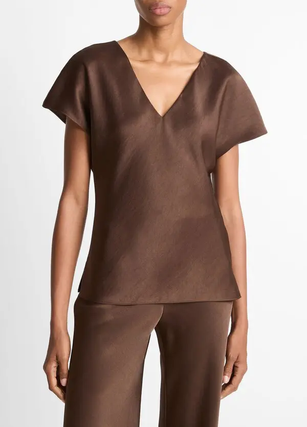 Vince Satin V-neck Blouse With Cap Sleeves - Espresso