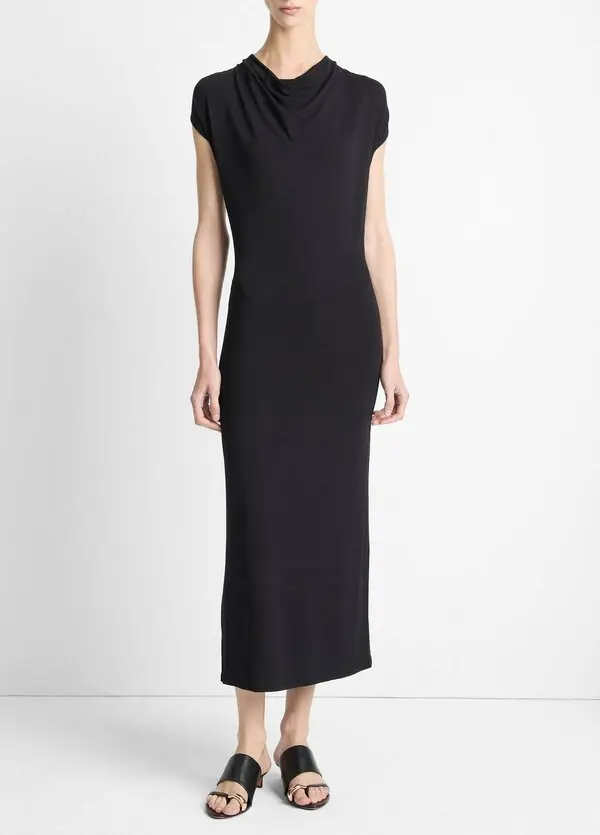 Vince Jersey Draped Cowl Neck Midi Dress - Black