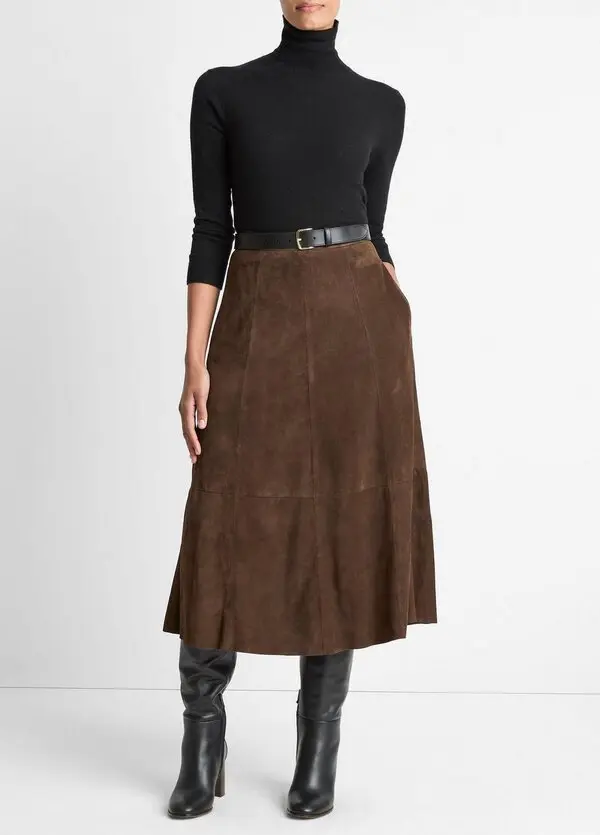 Vince Suede Mid-rise Flared Skirt - Deep Espresso