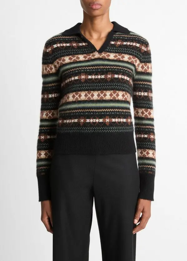 Vince Fair Isle Cashmere Polo Sweater - Cacao/malachite Combo