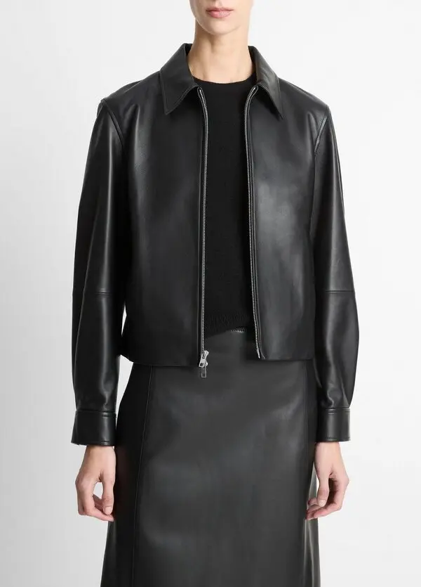 Vince Cropped Lambskin Leather Zip-front Jacket - Black