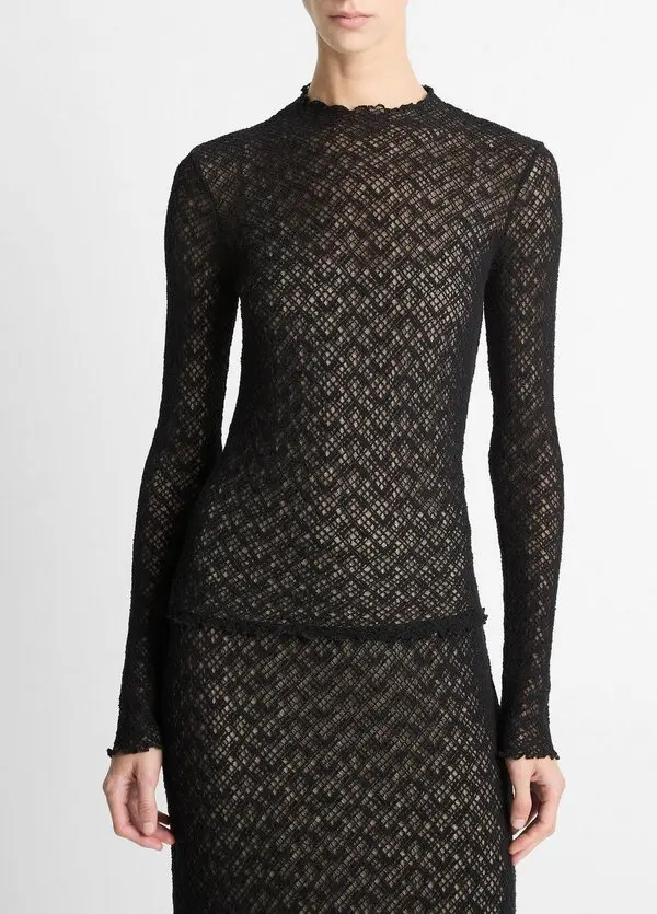 Vince Cotton-blend Diamond Lace Mock Neck Long Sleeve Top - Black