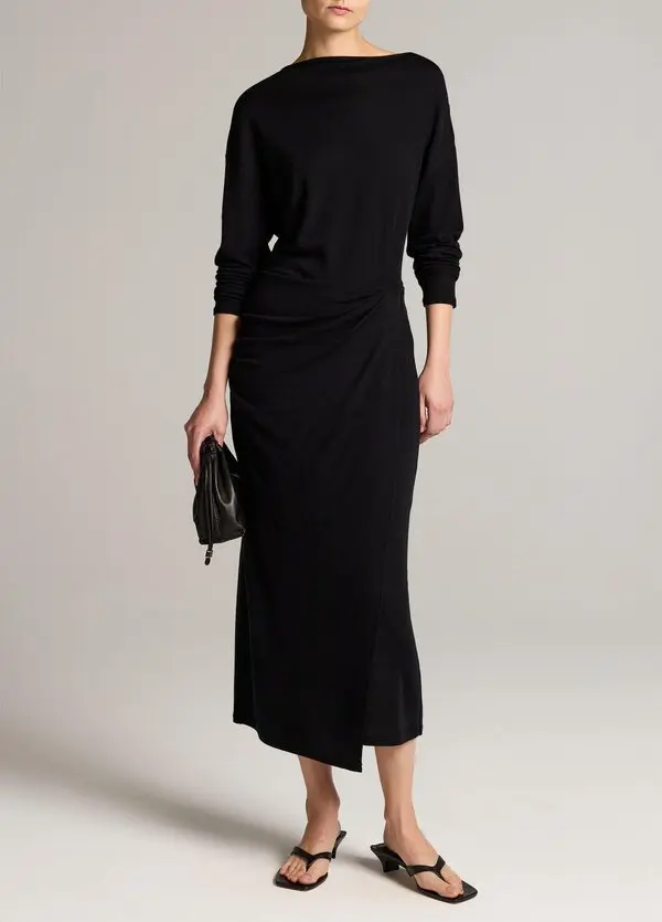 Vince Draped-waist Wool-blend Midi Skirt - Black
