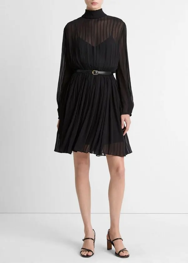 Vince Crinkle Stripe Mock-neck Dress