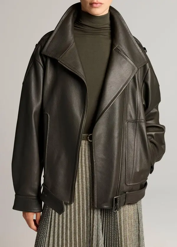 Vince Leather Oversized Biker Jacket - Deep Forest