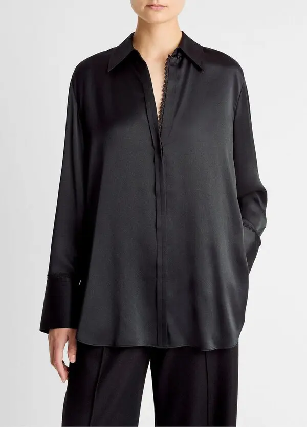 Vince Lace-trimmed Silk Relaxed Shirt - Black