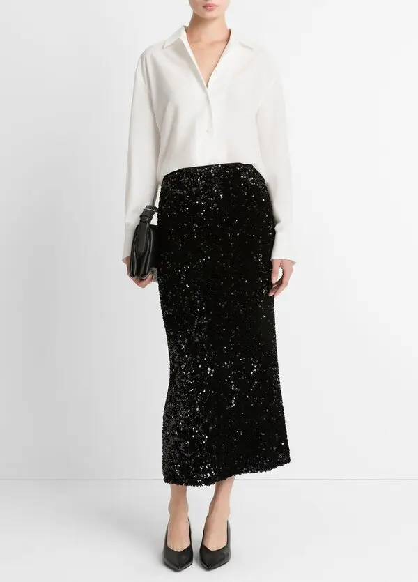 Vince Sequined Velvet Column Skirt - Black