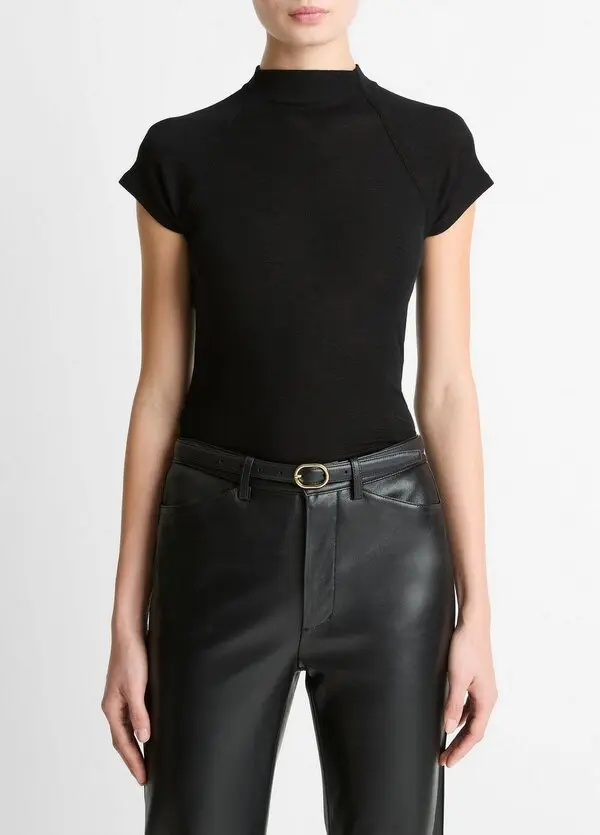 Vince Wool Raglan Cap-sleeve Mock Neck Top - Black