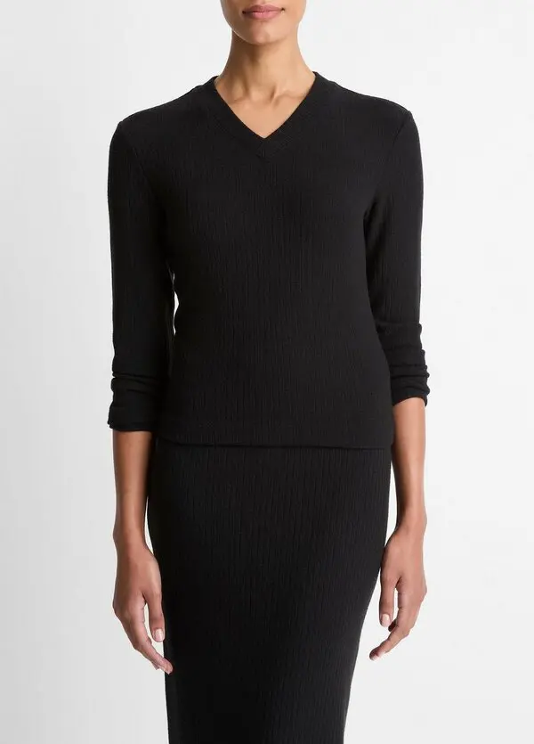 Vince Ribbed V-neck Long Sleeve Top - Black
