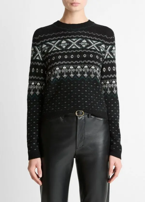 Vince Fair Isle Plush Cashmere Sweater - Black/white Combo