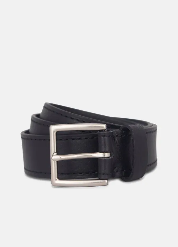 Vince 35mm Stitched Leather Belt - Black/dull Nickel