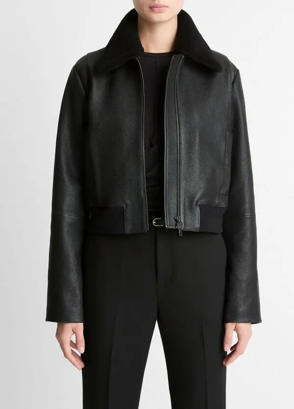 Vince Shearling-trim Shrunken Leather Jacket