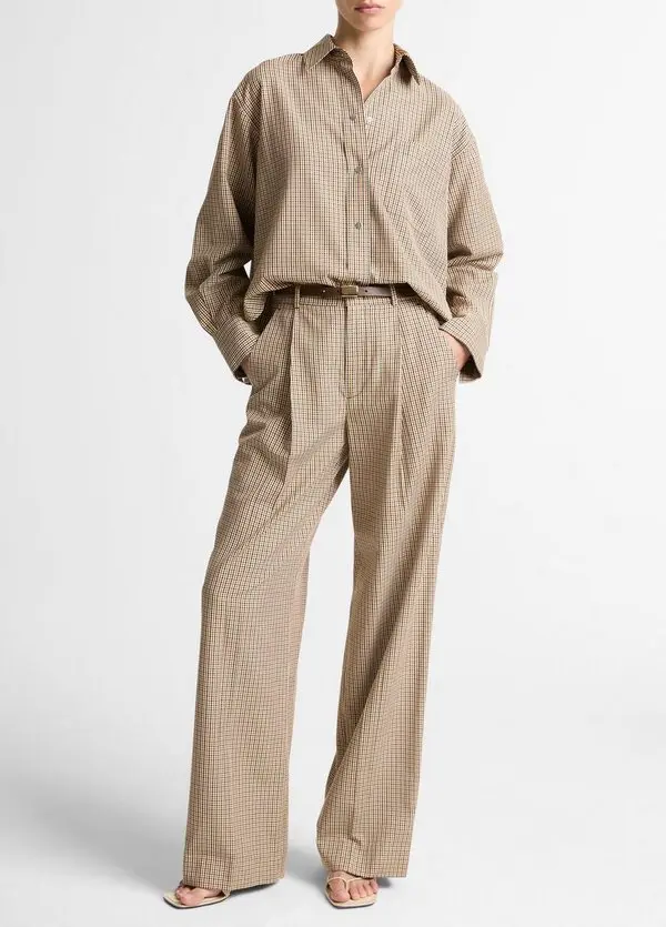 Vince Camille Checked Cotton-blend Wide-leg Trousers - Light Wheatstone Check
