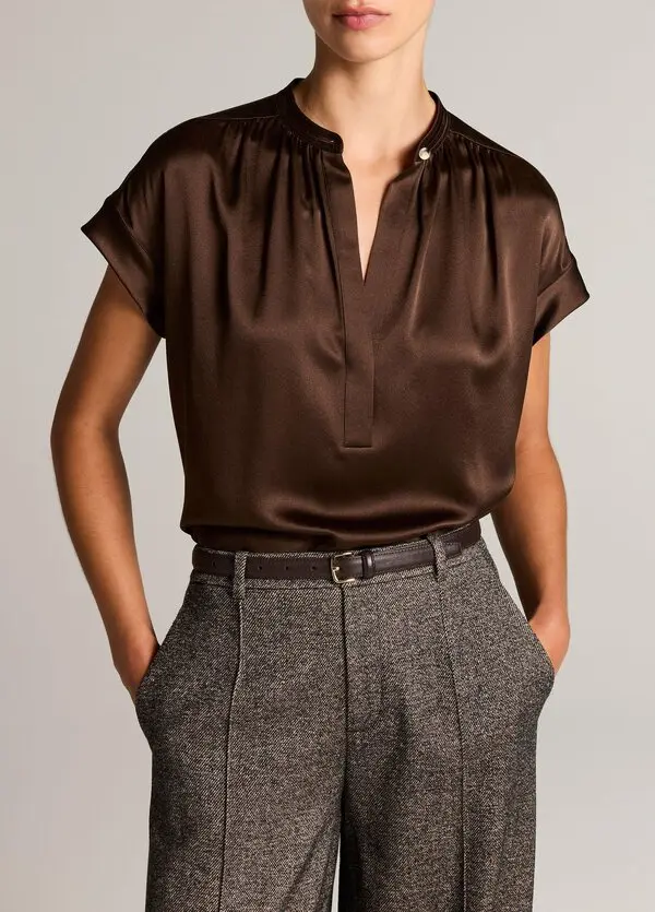 Vince Silk Gathered Cap-sleeve Blouse - Volcan