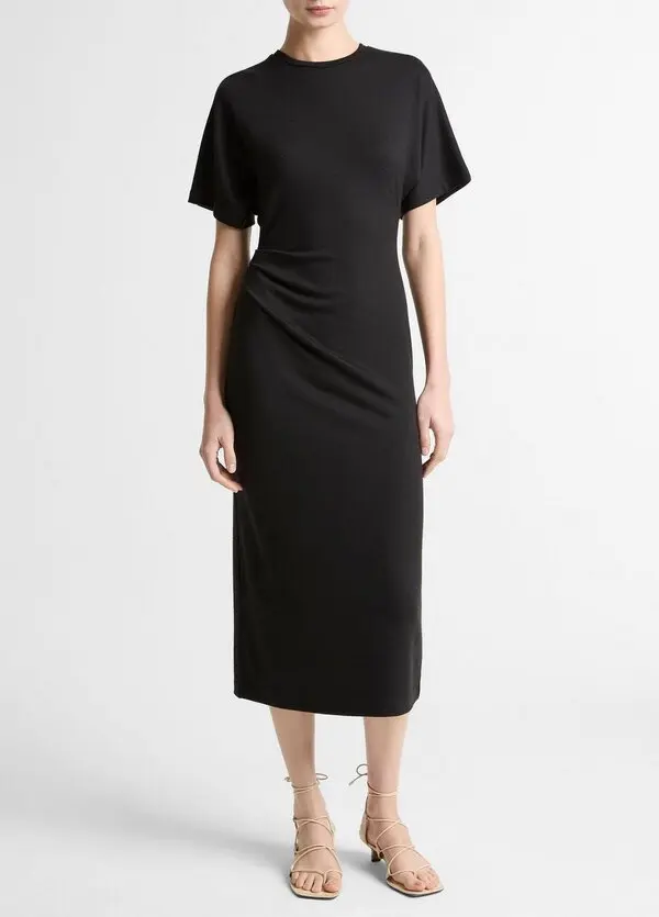 Vince Ruched Side Knit Short Sleeve Midi Dress - Black