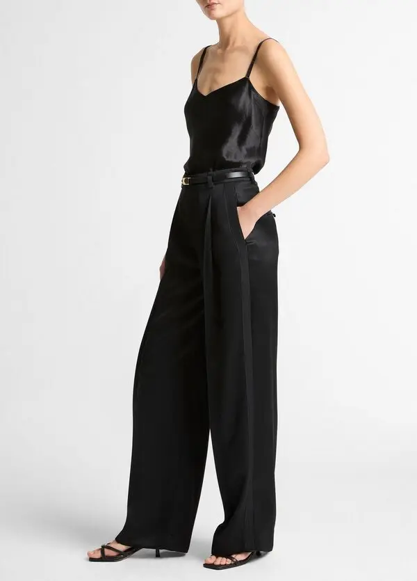 Vince Satin Wide-leg Pleated Trousers With Matte Stripe Detail - Black