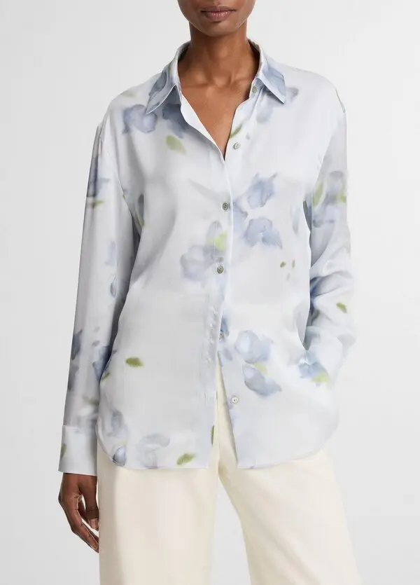 Vince Petal Blur Silk Relaxed Button-front Shirt - Soft Grey