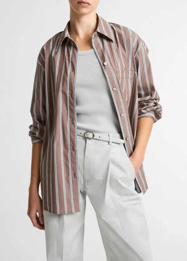 Vince Striped Cotton-blend Button-front Shirt - Brown Multi