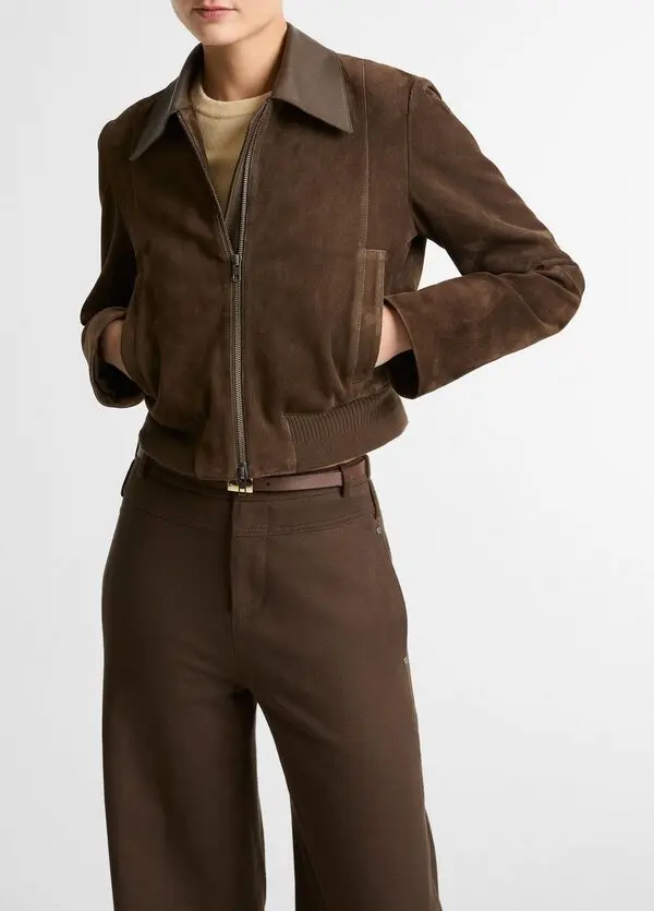 Vince Suede Shrunken Bomber Jacket With Leather Trim - Willow