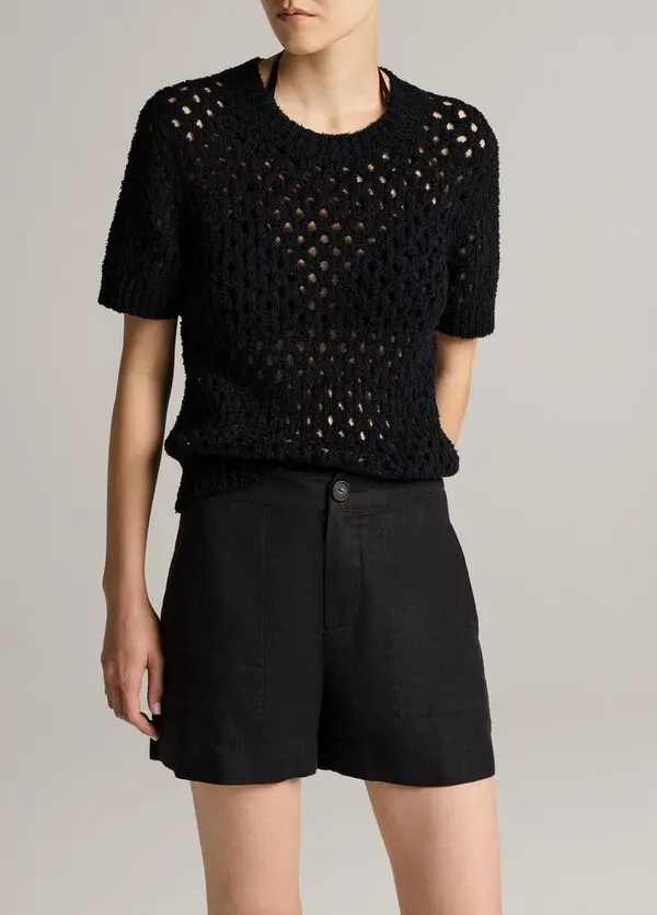 Vince Honeycomb Italian Cotton & Linen-blend Short-sleeve Sweater - Black