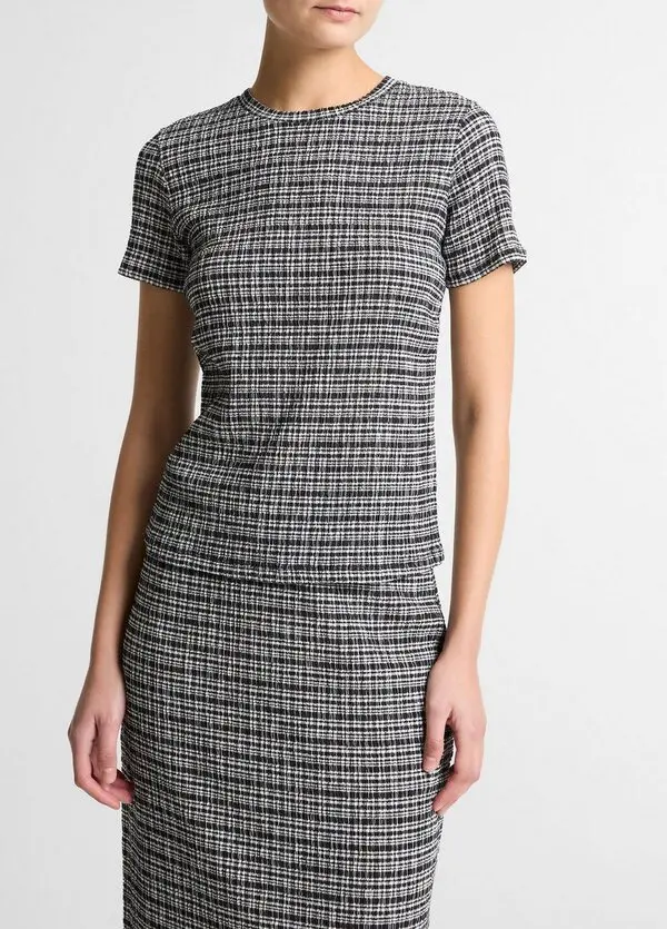 Vince Checked Grid-knit Short-sleeve Crew Neck Top