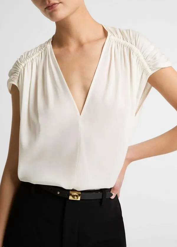 Vince Stretch-silk Gathered Cap-sleeve Blouse - Off White