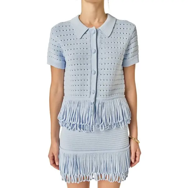 English Factory Fringe Trim Knit Button-up Top