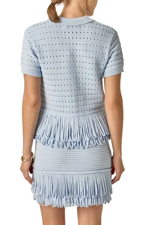 English Factory Fringe Trim Knit Button-up Top