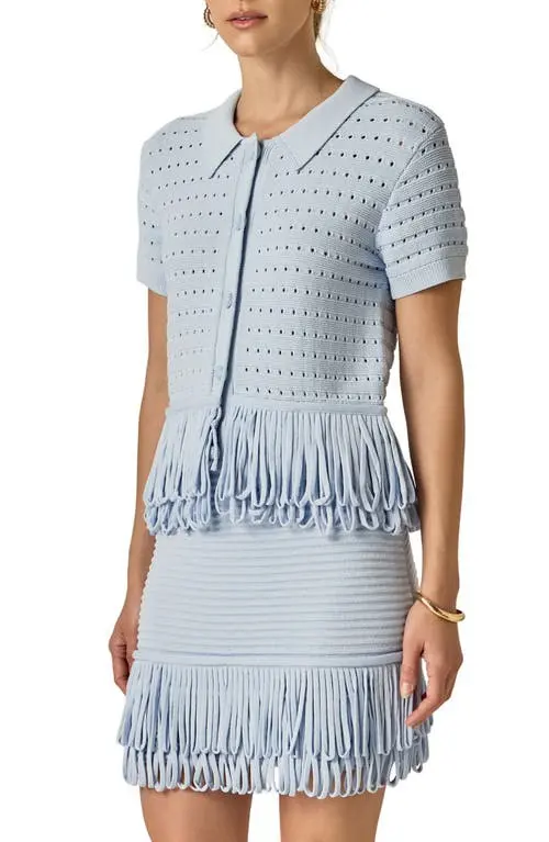 English Factory Fringe Trim Knit Button-up Top