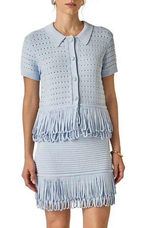 English Factory Fringe Trim Knit Button-up Top