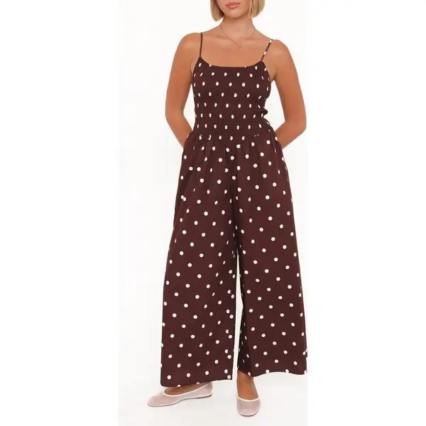 PETAL & PUP Paloma Polka Dot Smocked Jumpsuit - Chocolate Polka Dot