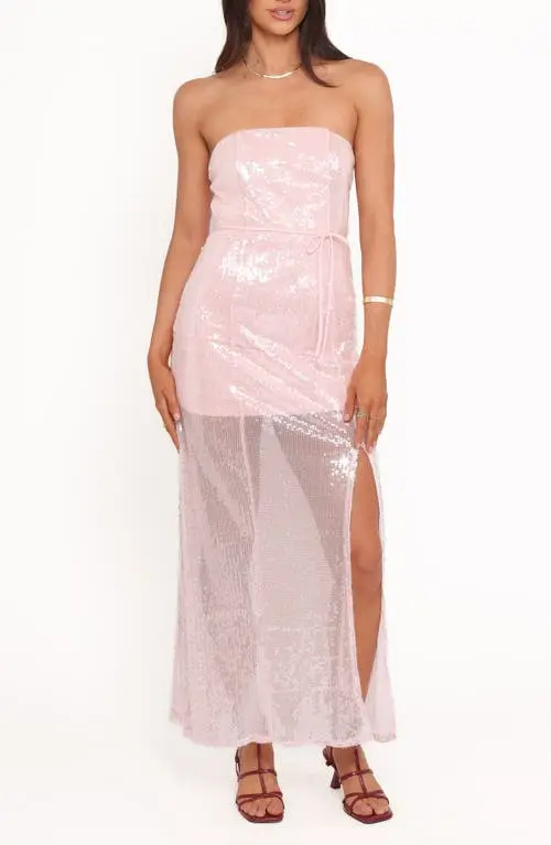 PETAL & PUP Strapless Sequin Maxi Dress With Sheer Skirt And Slit - Pink Sequin