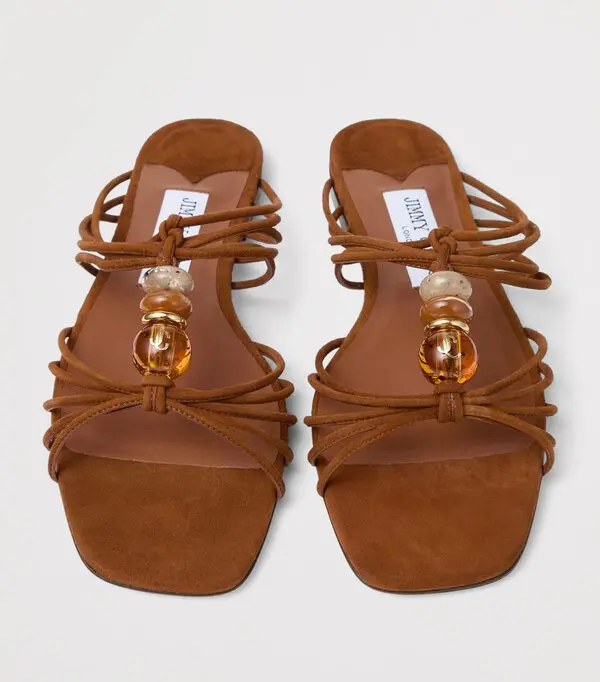 JIMMY CHOO Lova Suede Flat Mules With Beaded Straps - Brown