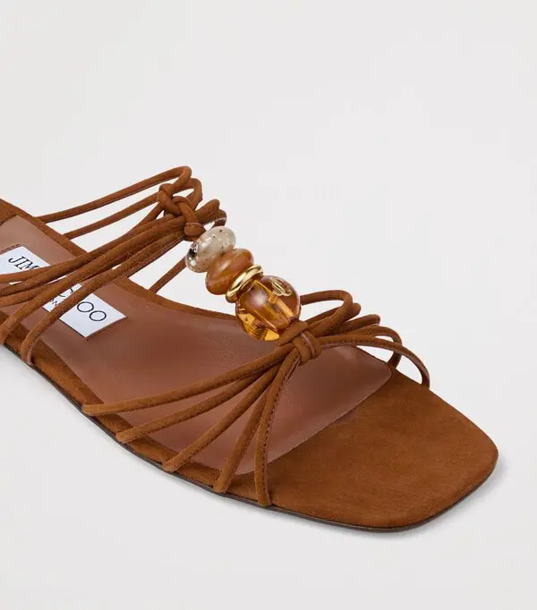 JIMMY CHOO Lova Suede Flat Mules With Beaded Straps - Brown