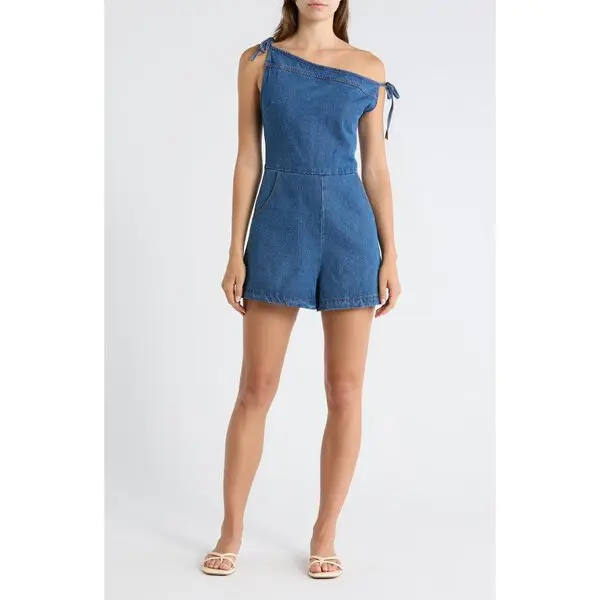 PETAL & PUP Tatum Off-the-shoulder Denim Romper - Dark Denim