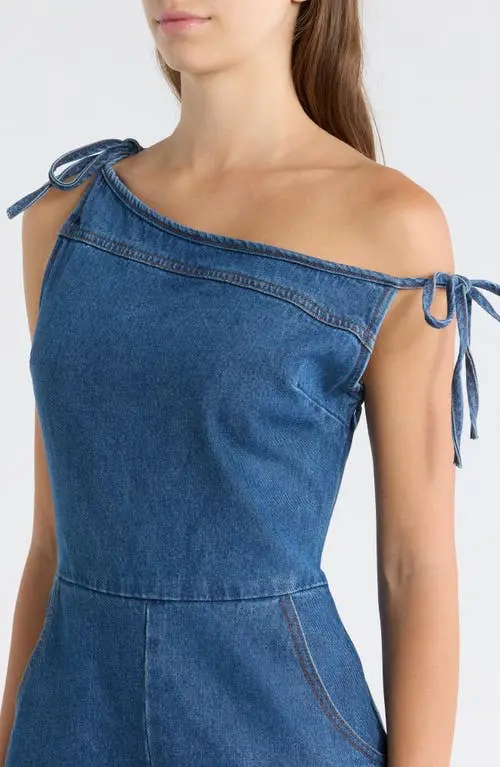 PETAL & PUP Tatum Off-the-shoulder Denim Romper - Dark Denim