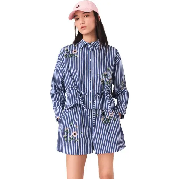 Maje Cropped Striped Shirt With Floral Embroidery And Drawstring Waist