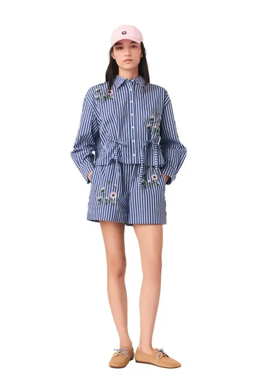 Maje Cropped Striped Shirt With Floral Embroidery And Drawstring Waist