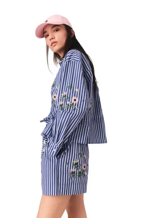 Maje Cropped Striped Shirt With Floral Embroidery And Drawstring Waist