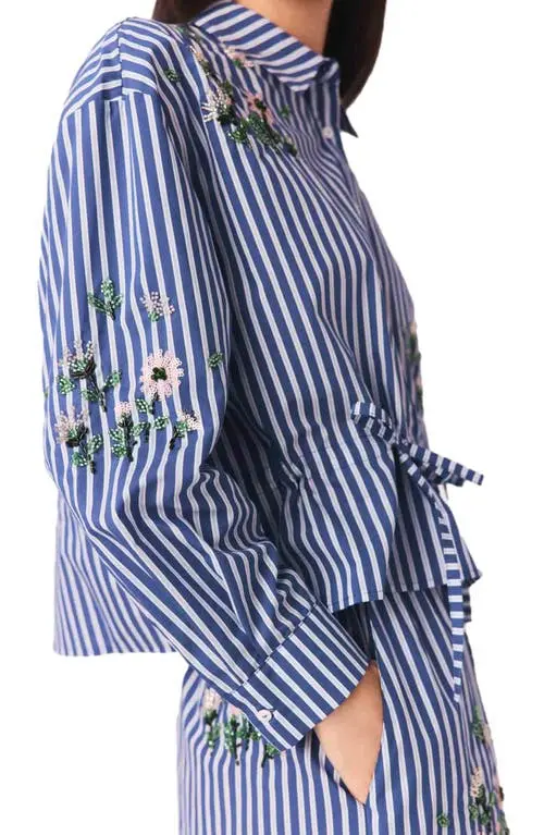Maje Cropped Striped Shirt With Floral Embroidery And Drawstring Waist