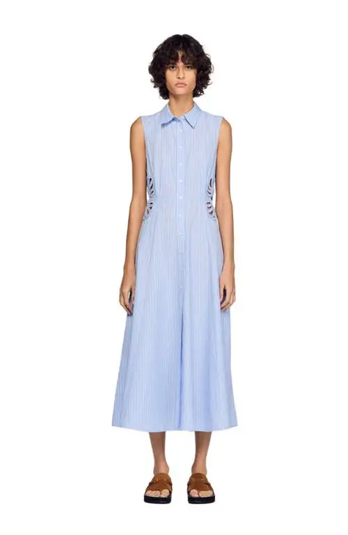Sandro Striped Cotton Maxi Dress With Rhinestone Shell Embroidery - Sky Blue