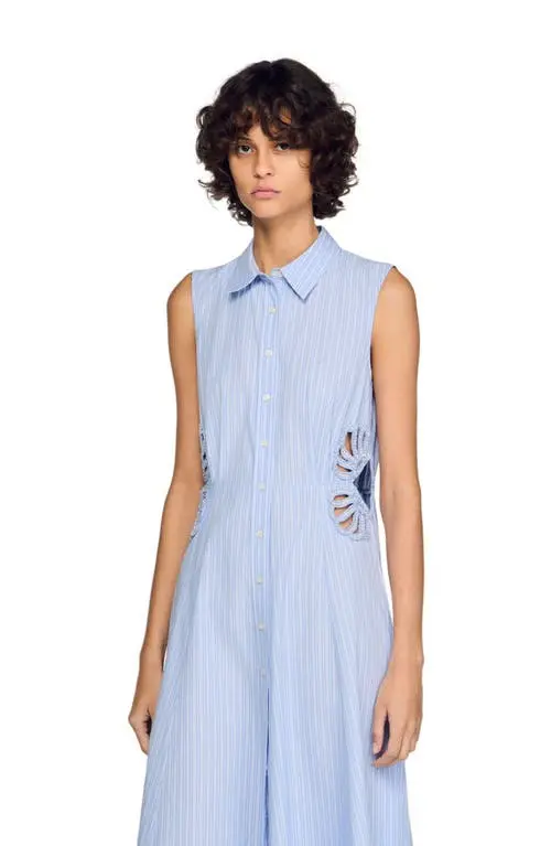 Sandro Striped Cotton Maxi Dress With Rhinestone Shell Embroidery - Sky Blue