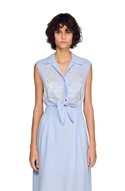 Sandro Embroidered Linen Maxi Dress - Sky Blue