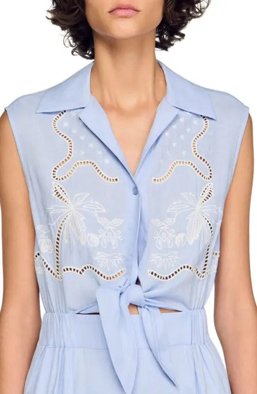 Sandro Embroidered Linen Maxi Dress - Sky Blue