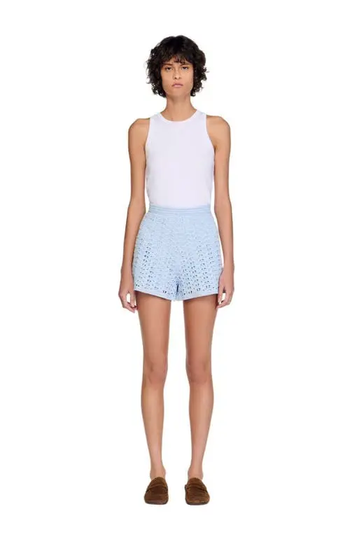 Sandro High-waisted Beaded Crochet Hotpants - Sky Blue