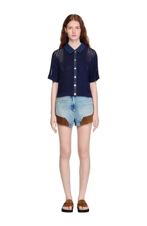 Sandro Crochet And Denim Cardigan