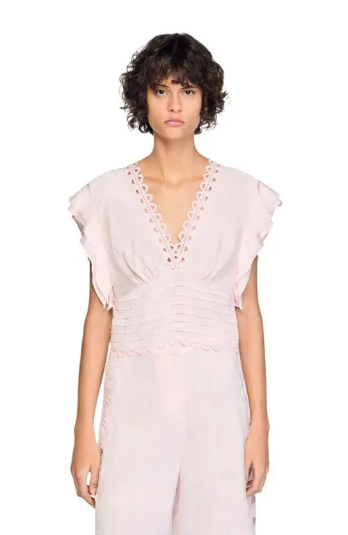 Sandro Floral Jacquard Crop Top With Ruffled Sleeves